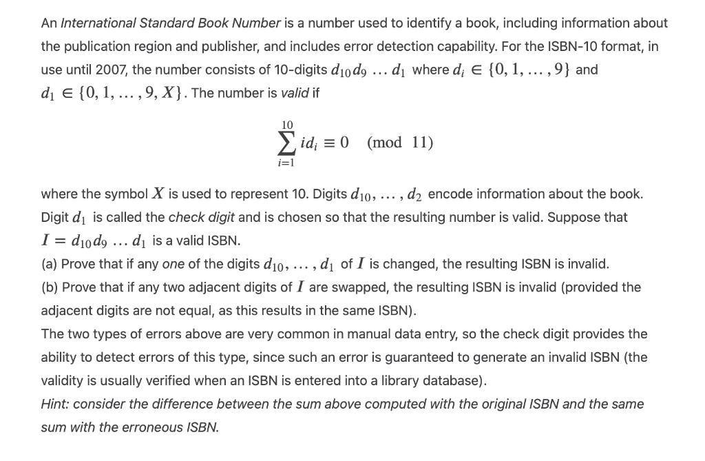Solved An International Standard Book Number is a number | Chegg.com