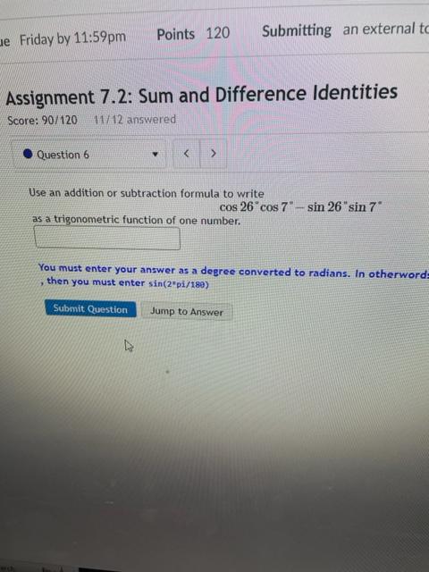 Solved Assignment 7.2: Sum and Difference Identities Score: | Chegg.com