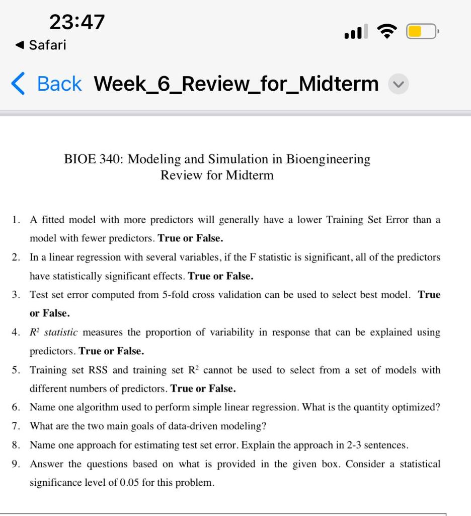 Solved Back Week_6_Review_for_Midterm BIOE 340: Modeling and | Chegg.com