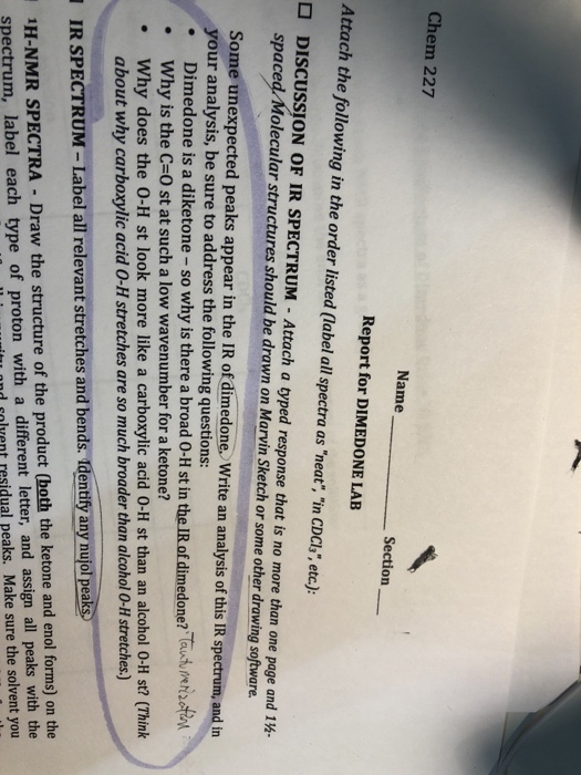 Solved Chem 227 Name Section Report for DIMEDONE LAB Attach | Chegg.com