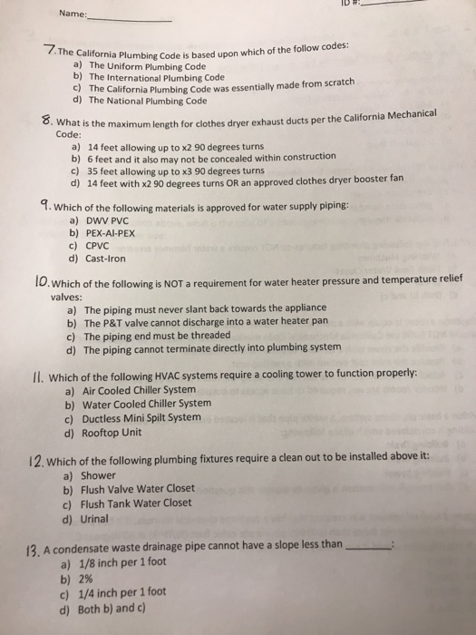 Solved ID # Name ornia Plumbing Code is based upon which of | Chegg.com