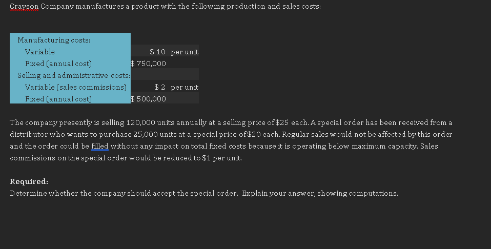 Solved Crayson Company manufactures a product with the | Chegg.com
