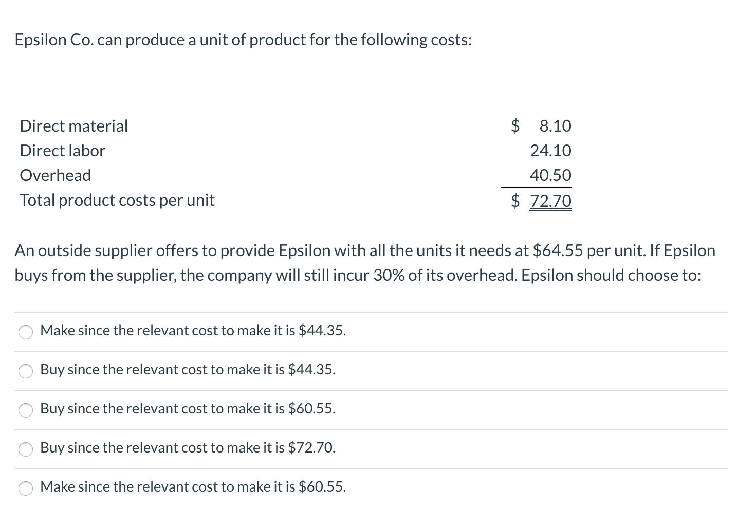 Solved Epsilon Co. can produce a unit of product for the | Chegg.com
