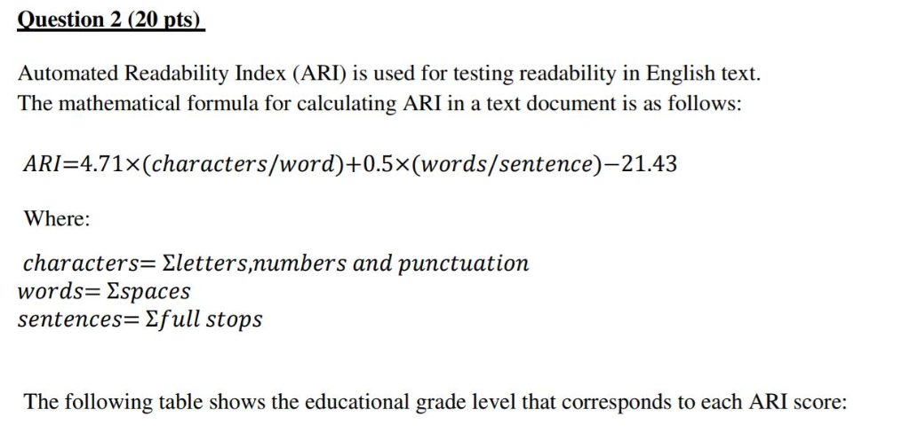 Question 2 (20 pts) Automated Readability Index (ARI) | Chegg.com