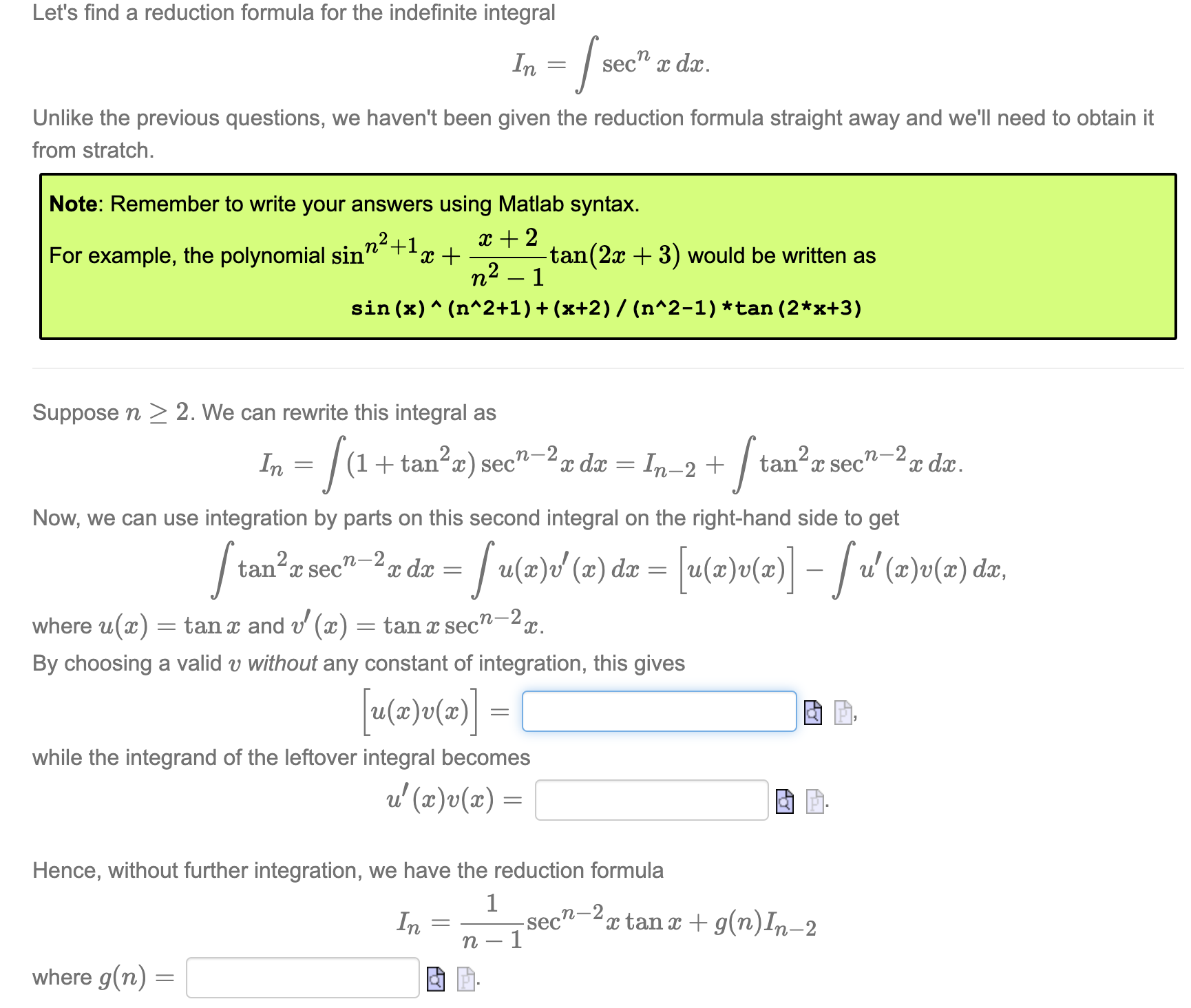 Solved Let's find a reduction formula for the indefinite | Chegg.com