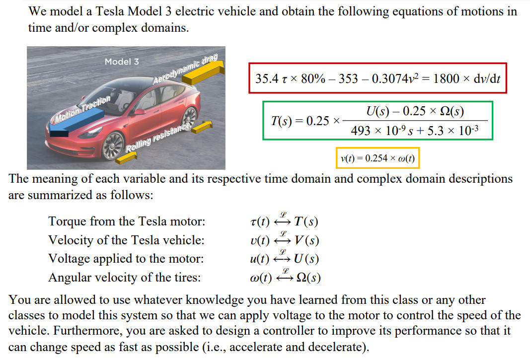 Solved We model a Tesla Model 3 electric vehicle and obtain | Chegg.com
