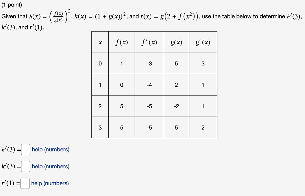 Solved Given that h(x)=(g(x)f(x))2,k(x)=(1+g(x))2, and | Chegg.com