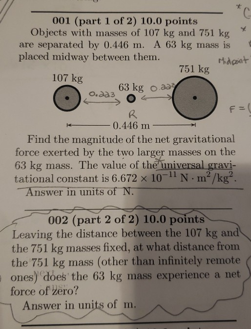 Solved 001 (part 1 of 2) 10.0 points Objects with masses of | Chegg.com