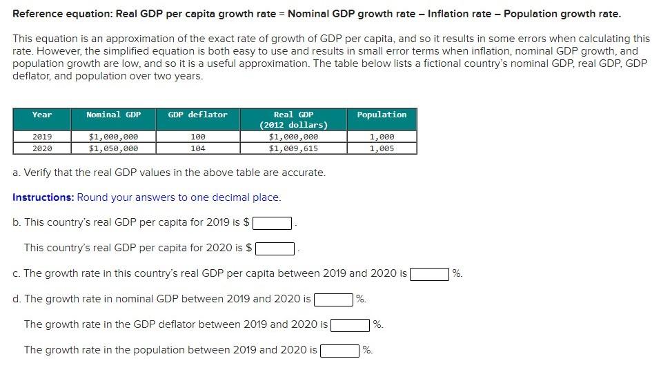 Solved Reference equation: Real GDP per capita growth rate = | Chegg.com