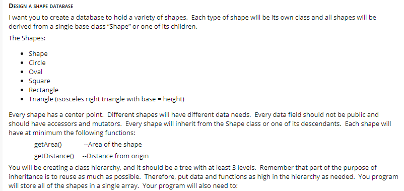 Solved DESIGN A SHAPE DATABASE I want you to create a | Chegg.com