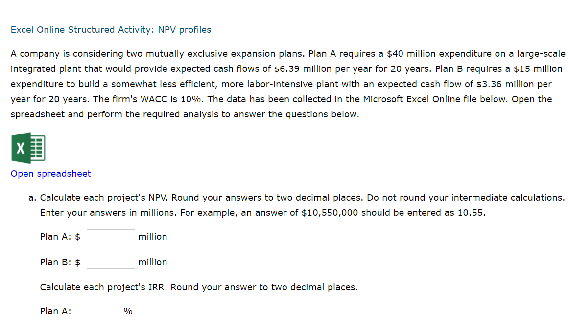 Solved Excel Online Structured Activity: NPV profiles A | Chegg.com