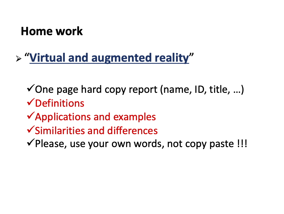 Solved Home work "Virtual and augmented reality" One page | Chegg.com