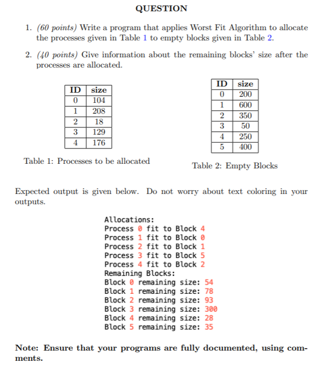 Solved 1. (60 points) Write a program that applies Worst Fit | Chegg.com