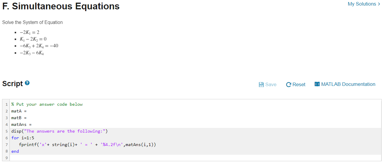 Solved F. Simultaneous Equations Solve the System of | Chegg.com