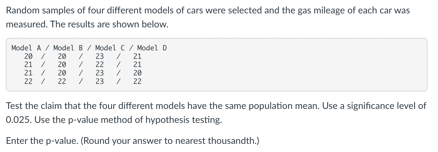 Solved Random samples of four different models of cars were | Chegg.com
