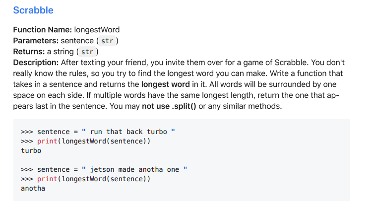 Solved Scrabble Function Name: longestWord Parameters: | Chegg.com