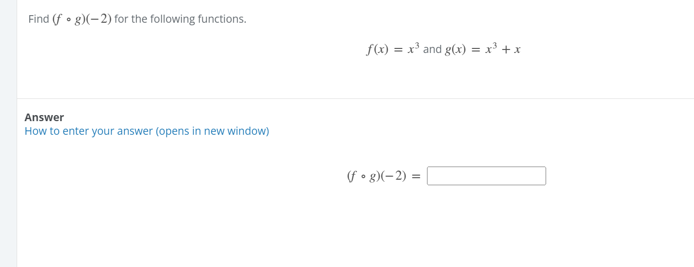 Solved Find (f∘g)(−2) ﻿for the following functions.f(x)=x3 | Chegg.com