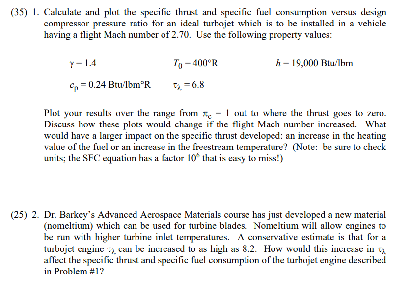 Solved 1. Calculate and plot the specific thrust and | Chegg.com