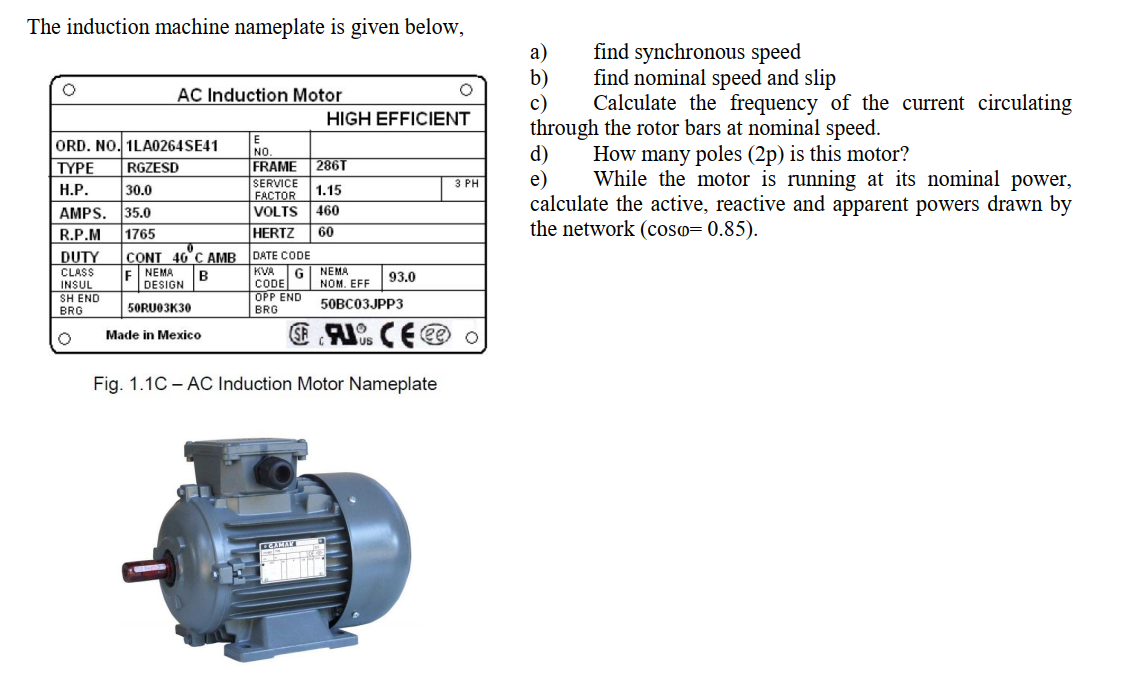 Solved The induction machine nameplate is given below, O AC | Chegg.com
