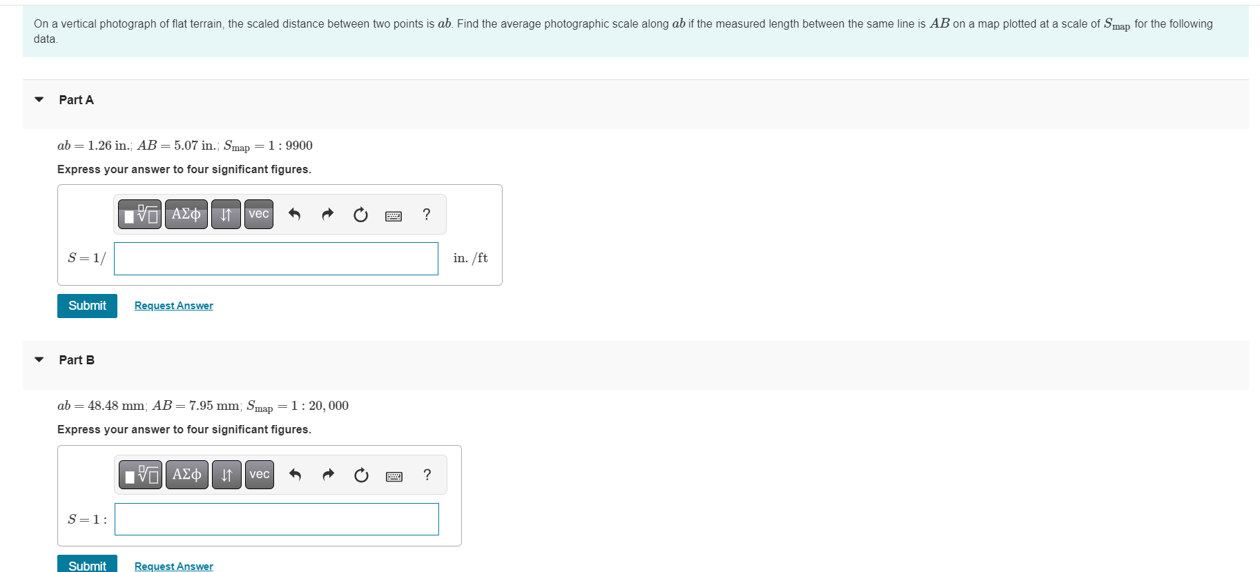Solved ab=1.26 in.; AB=5.07 in.; Smap =1:9900 Express your | Chegg.com