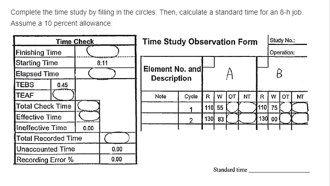 Solved Complete the time study by filling in the circles. | Chegg.com