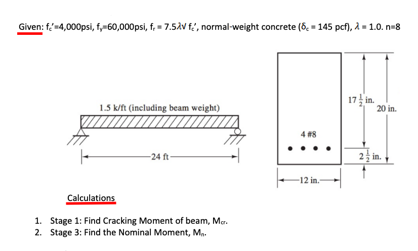 Solved fc' = 4,000psi, fy = 60,000psi, fr = 7.5𝜆√fc', | Chegg.com