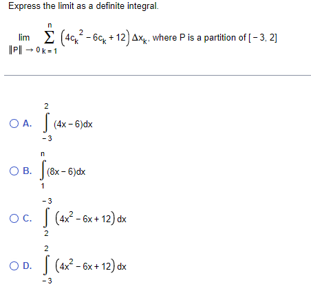 Solved Express the limit as a definite integral. | Chegg.com
