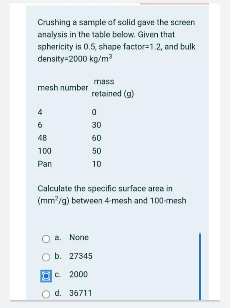 Solved Crushing a sample of solid gave the screen analysis | Chegg.com