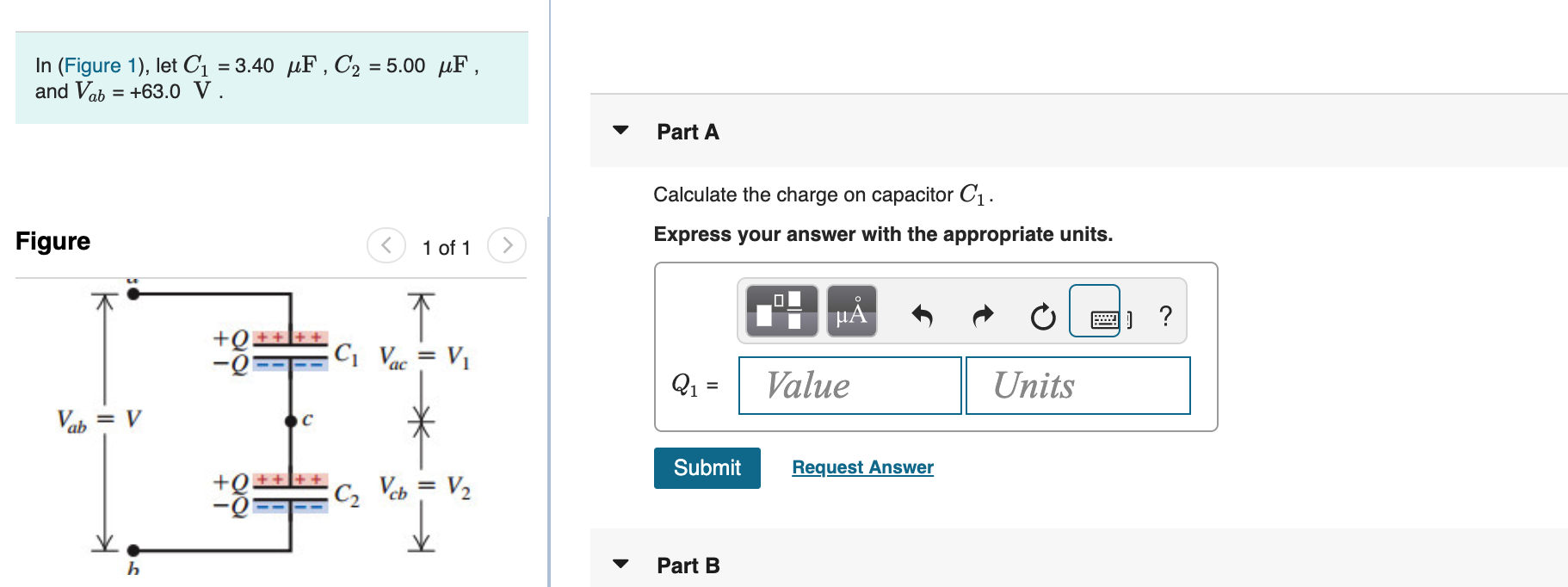 Solved In (Figure 1), let C1 = 3.40 F, C2 = 5.00 F and Vab = | Chegg.com