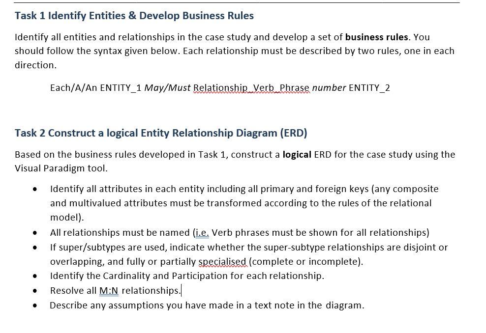 Solved Task 1 Identify Entities & Develop Business Rules | Chegg.com