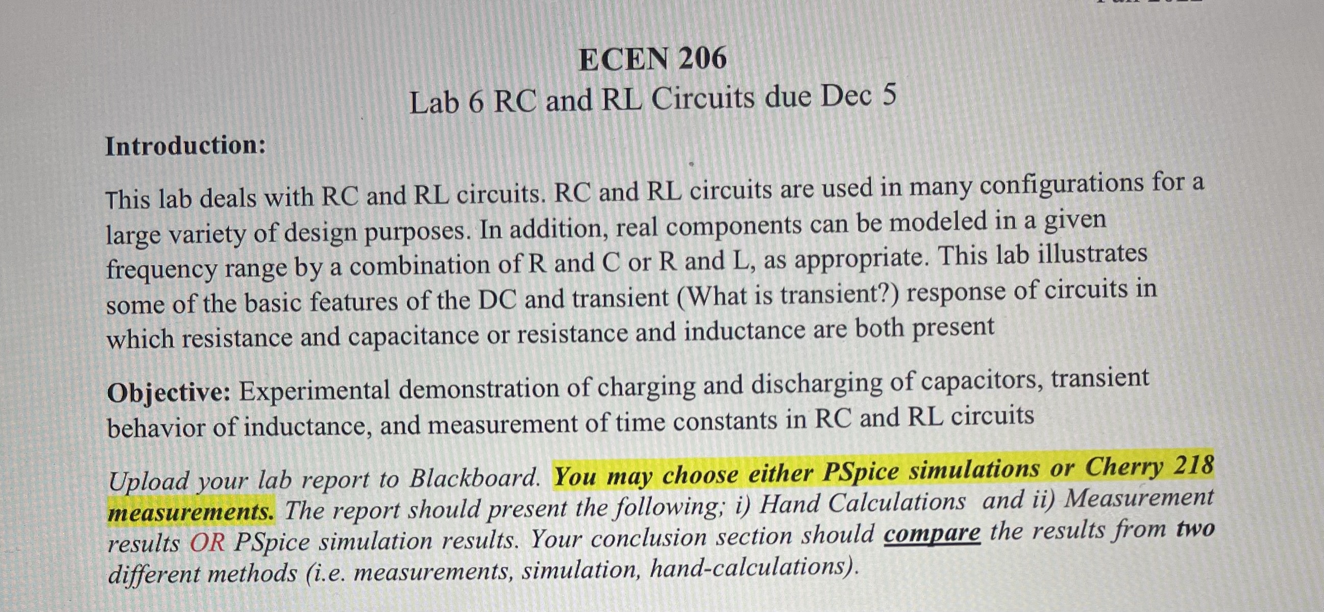 ECEN 206 Lab 6 RC and RL Circuits due Dec 5 | Chegg.com