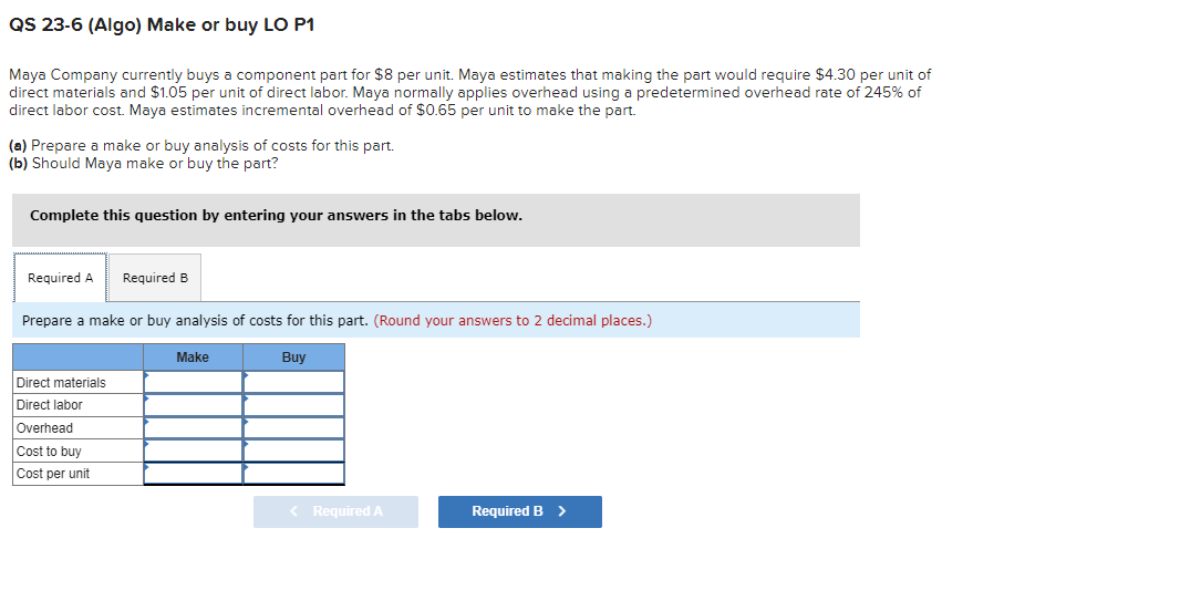 Solved QS 23-6 (Algo) ﻿Make or buy LO P1Maya Company | Chegg.com