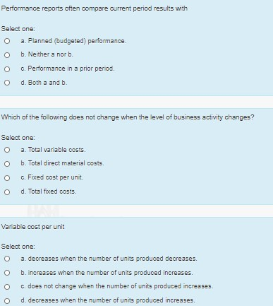 Solved Performance reports often compare current period | Chegg.com