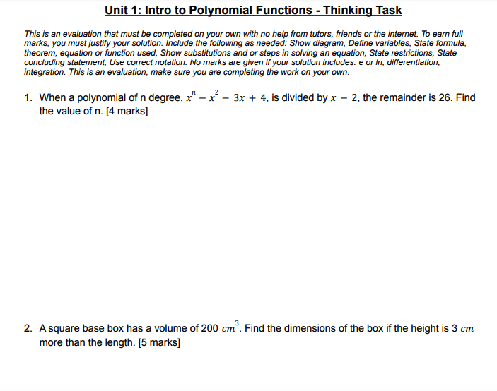 Solved Unit 1 Intro To Polynomial Functions Thinking Task 