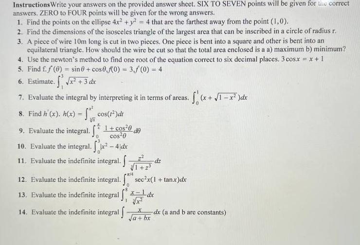 Solved Instructions Write your answers on the provided | Chegg.com