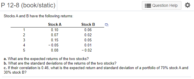 Solved P 12-8 (book/static) Question Help o Stock B 0.06 | Chegg.com