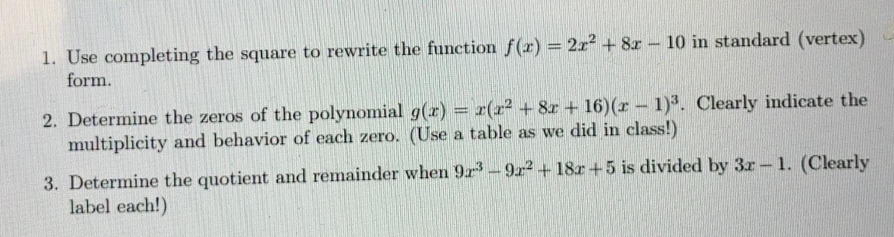 Solved 1. Use completing the square to rewrite the function | Chegg.com