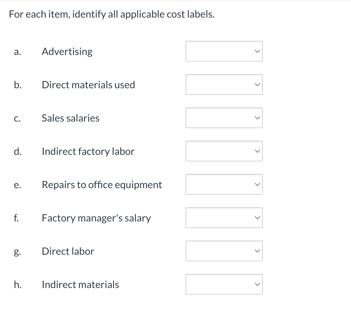Solved For each item, identify all applicable cost labels. | Chegg.com