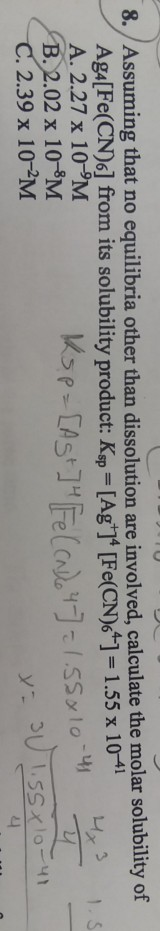 Solved 8. Assuming that no equilibria other than dissolution | Chegg.com
