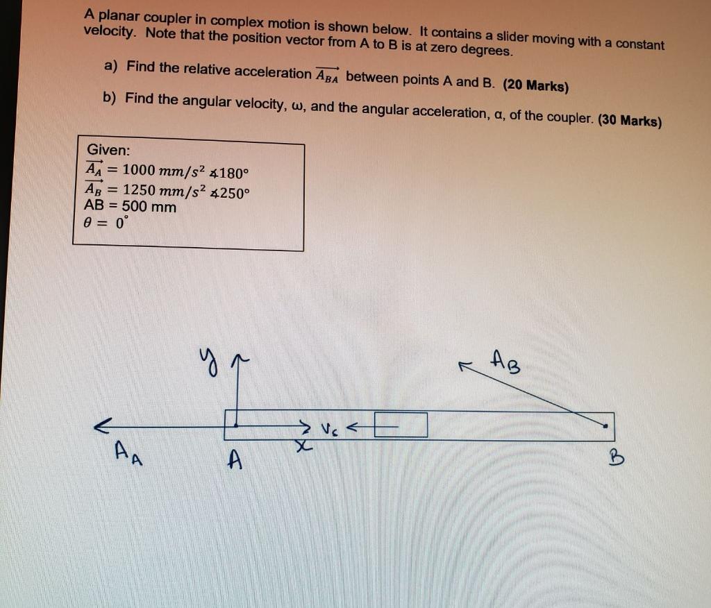 Solved A planar coupler in complex motion is shown below. It | Chegg.com