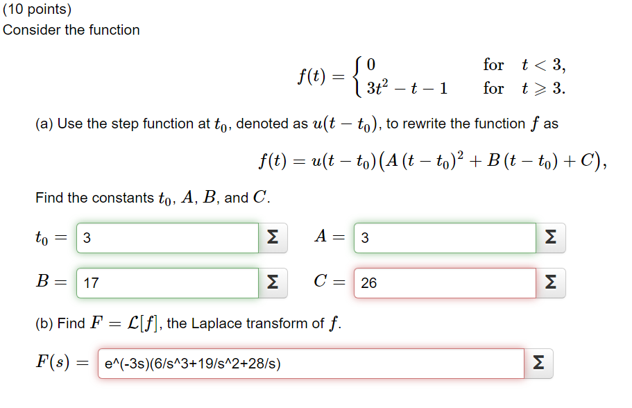 Solved (10 points) Consider the function f(t)={03t2−t−1 for | Chegg.com