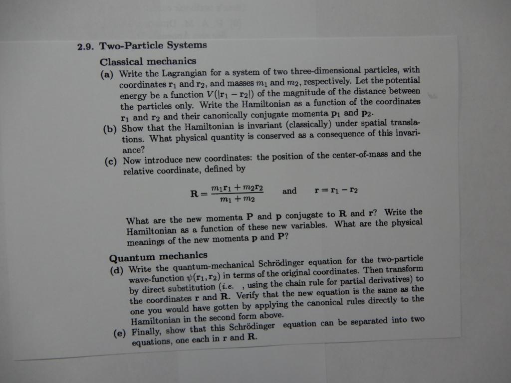 Solved 9. Two-Particle Systems Classical mechanics (a) Write | Chegg.com