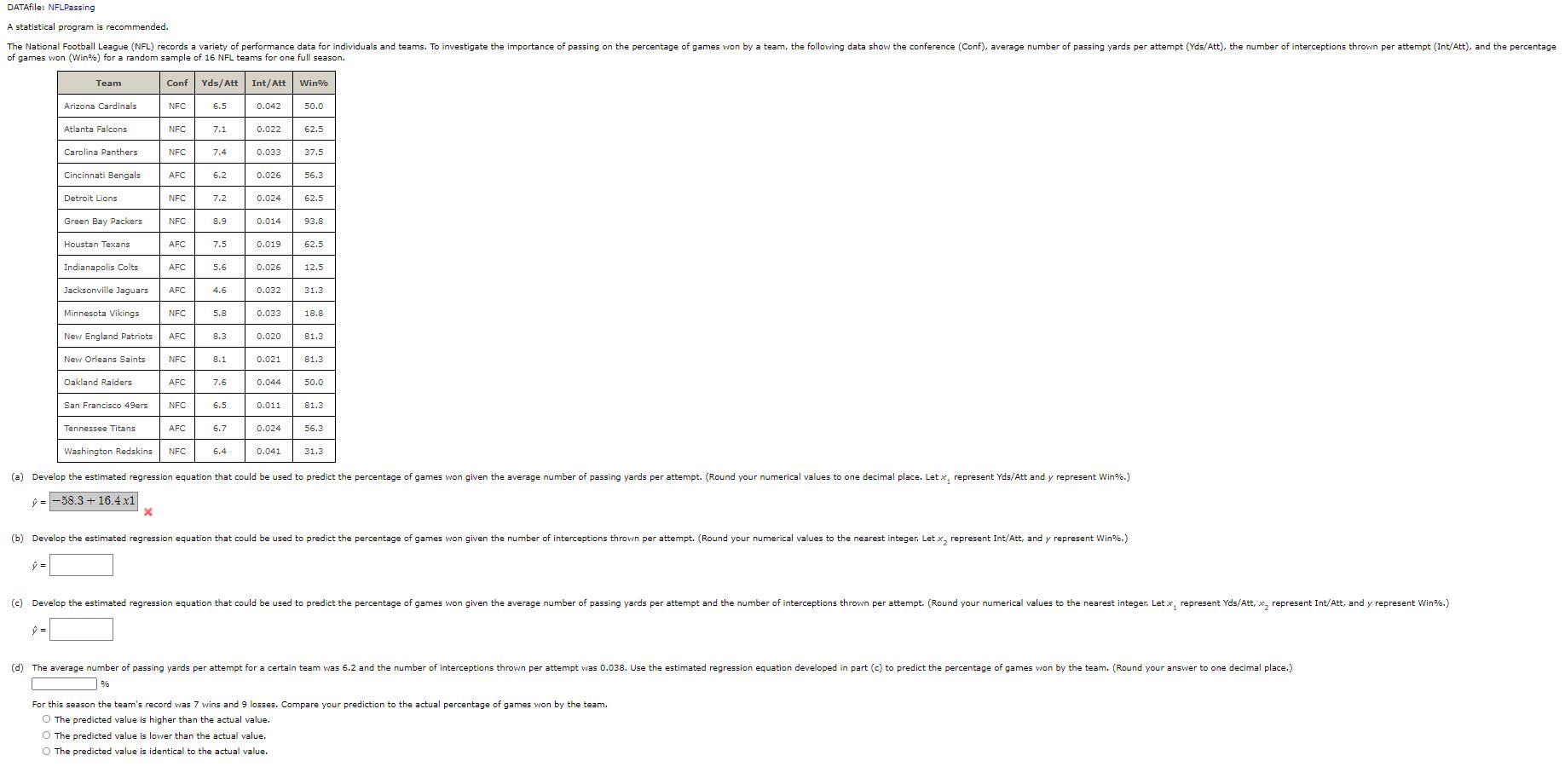 Solved DATAfile: NFLPassing A statistical program is | Chegg.com