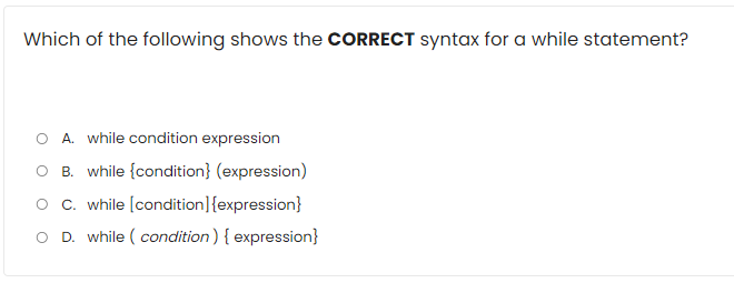 Solved Which of the following shows the CORRECT syntax for a | Chegg.com