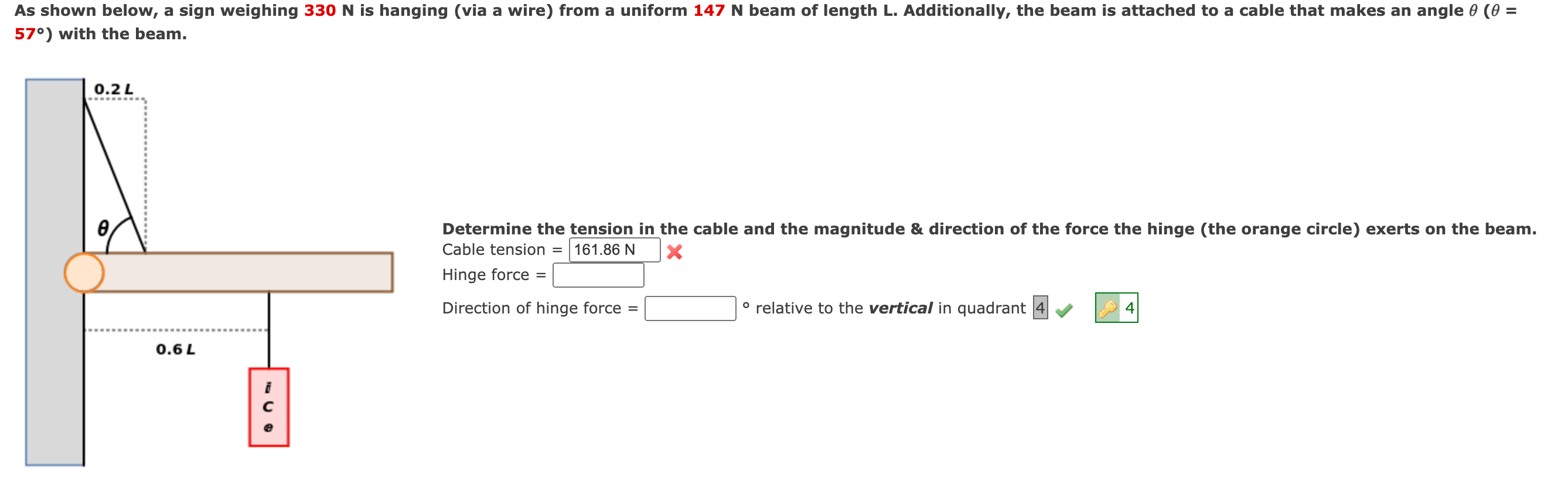 Solved ing (via a wire) from a uniform 147 N beam of length | Chegg.com
