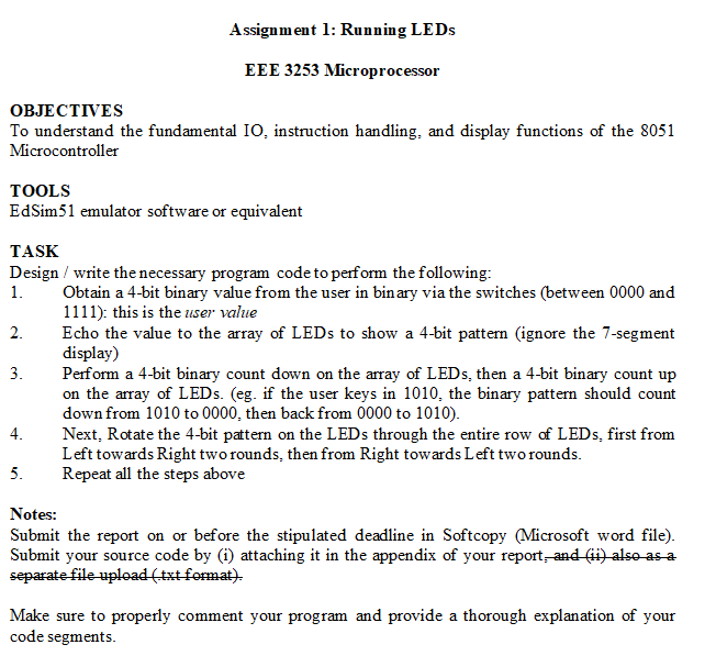 Solved Assignment 1: Running LEDs EEE 3253 Microprocessor | Chegg.com