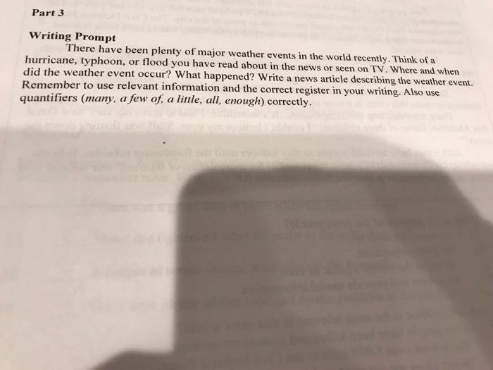 Part 3 Writing Prompt hurricane, typhoon, or flood | Chegg.com
