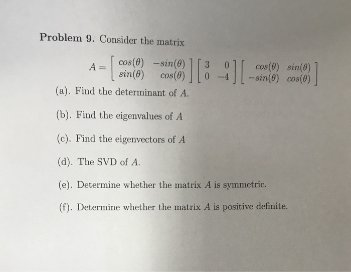 Solved Problem 9. Consider the matrix Asin(0) cos() 0 -4 ] | Chegg.com
