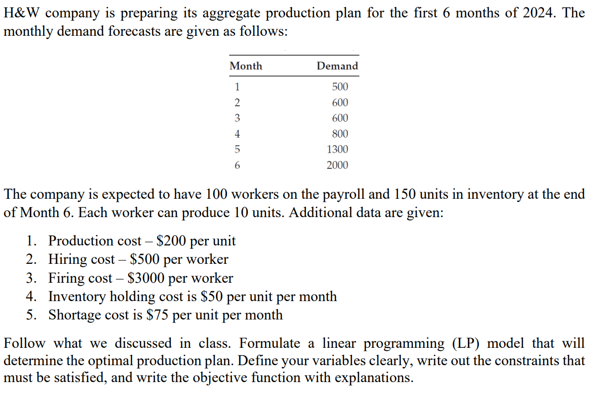 Solved H& W company is preparing its aggregate production | Chegg.com
