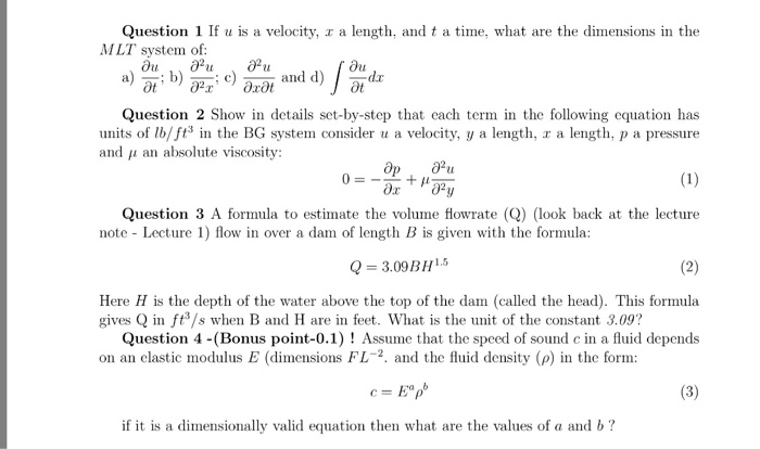 Solved Question 1 If u is a velocity, MLT system of a | Chegg.com